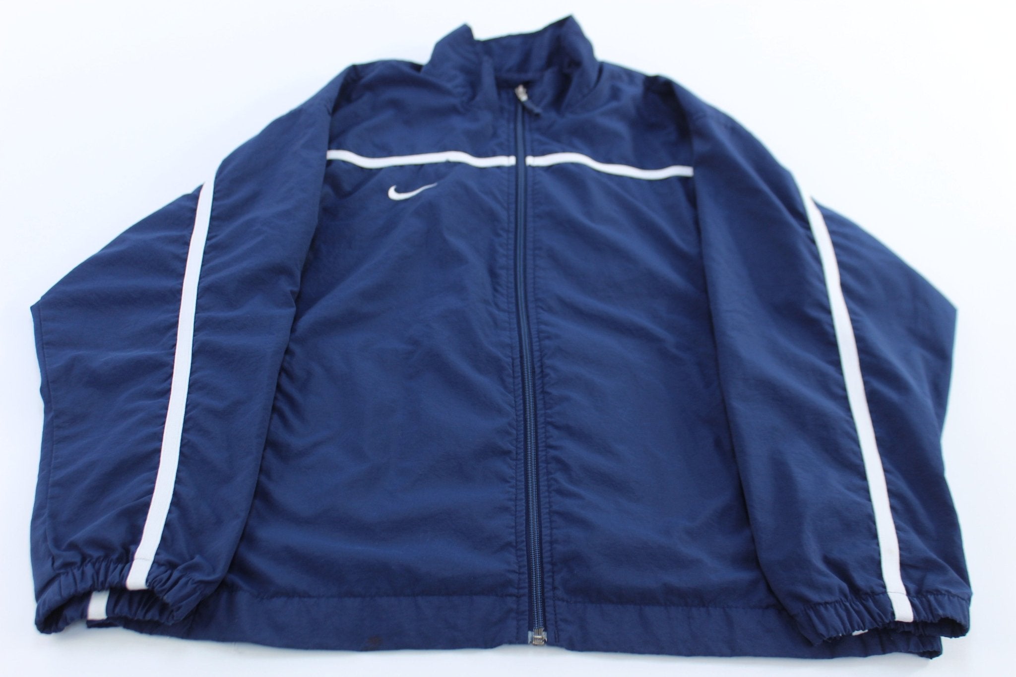 2000's Nike Embroidered Swoosh Logo Blue & White Striped Zip Up Jacket ...